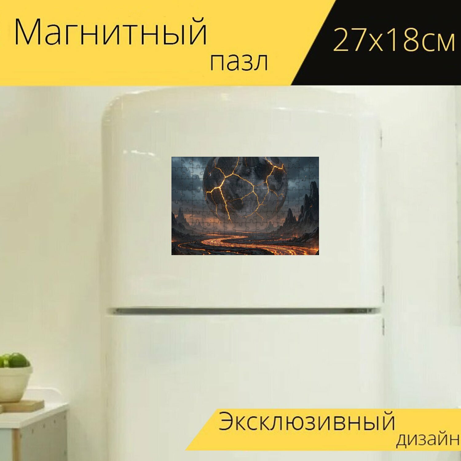 Магнитный пазл "Расколотая луна над лавой. Фантастический апокалиптический пейзаж: огромный небесный шар с огненными трещинами парит над вулканической." на холодильник 27 x 18 см.