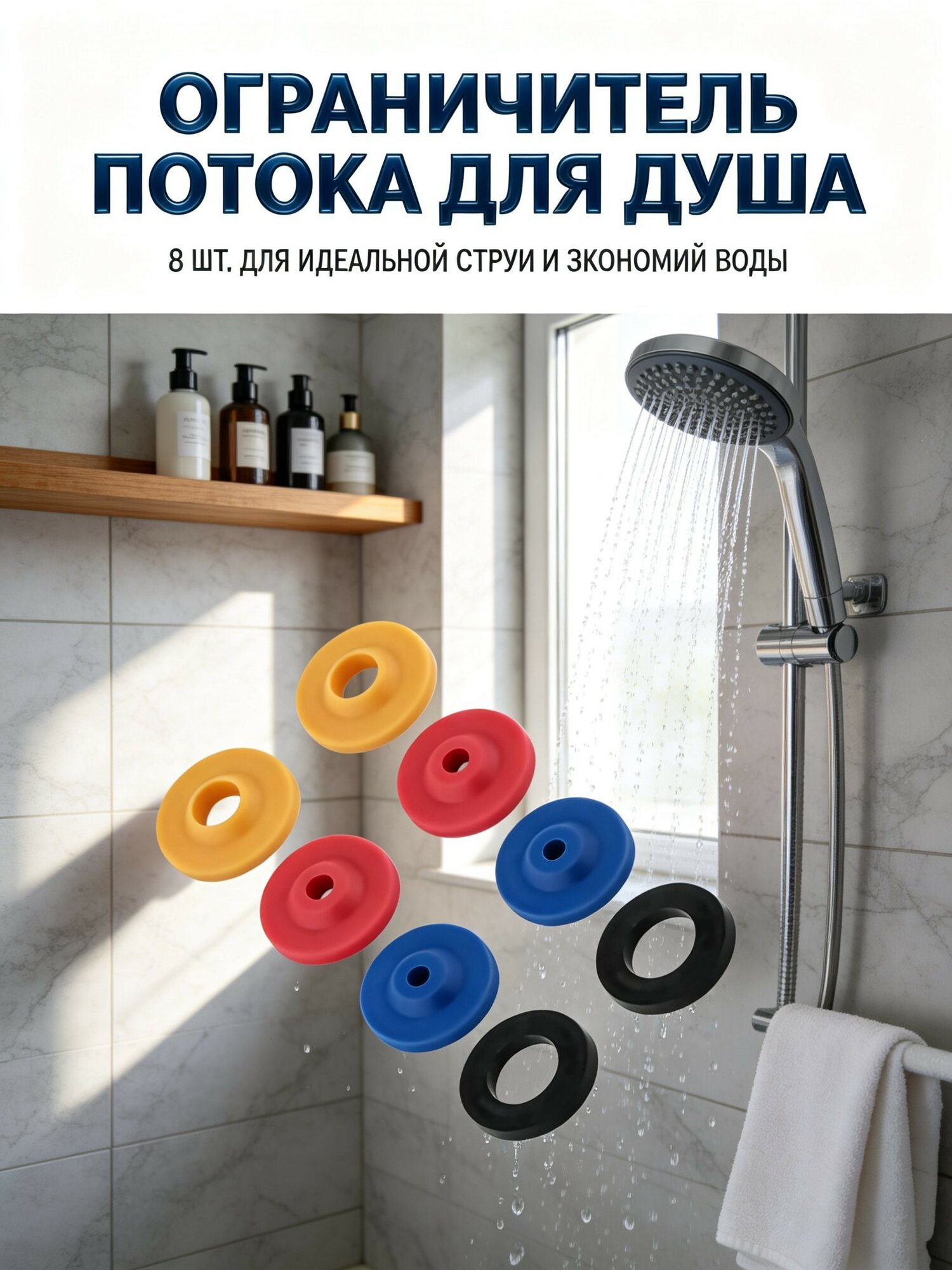 Водосберегающий ограничитель расхода воды для душа, комплект 8 шт для различных стандартных насадок, сменные вставки для быстрой установки