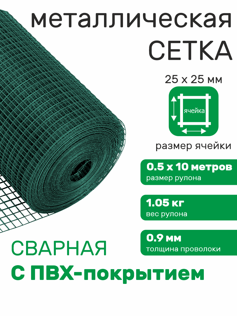 Сетка металлическая для забора, сварная с ПВХ покрытием, ячейка 25 х 25 мм d=0,9 мм (рулон 0,5 х 10 м)