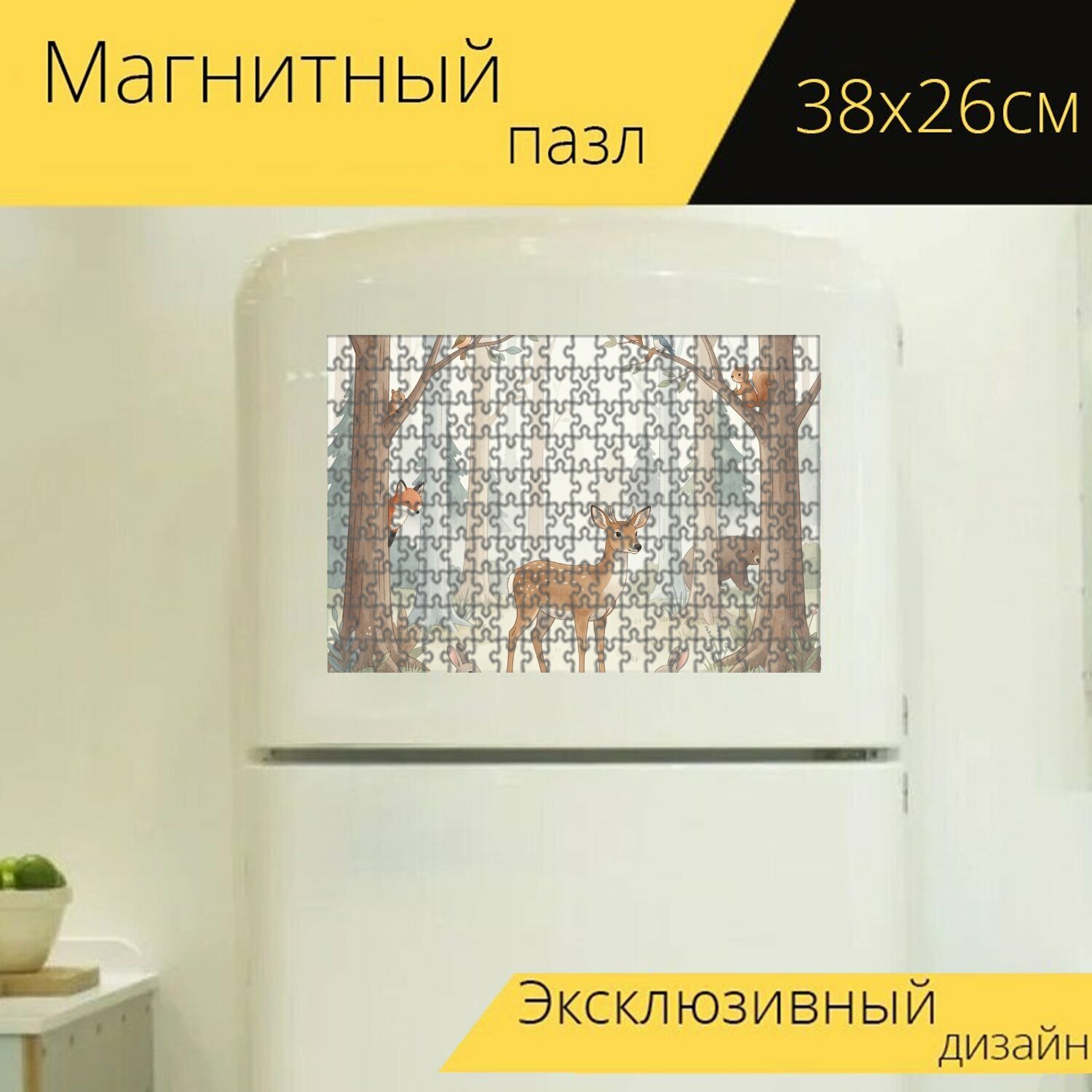 Магнитный пазл "Лесные животные в сказочном лесу. Нежная акварельная иллюстрация с олененком, зайцами, лисой, медведем, белками и птицами среди деревьев." для интерьера, 38х26 см.