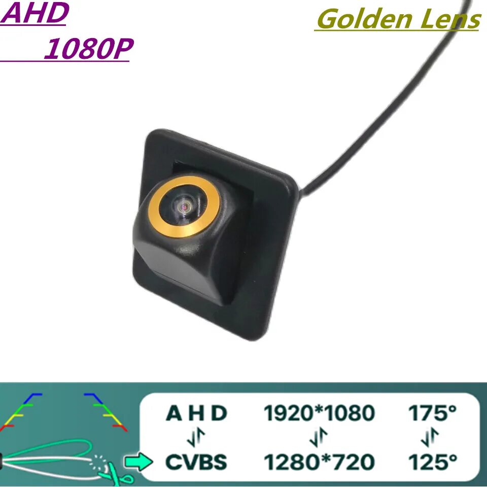 Автомобильная камера заднего вида AHD 1080P, золотой объектив, 175°