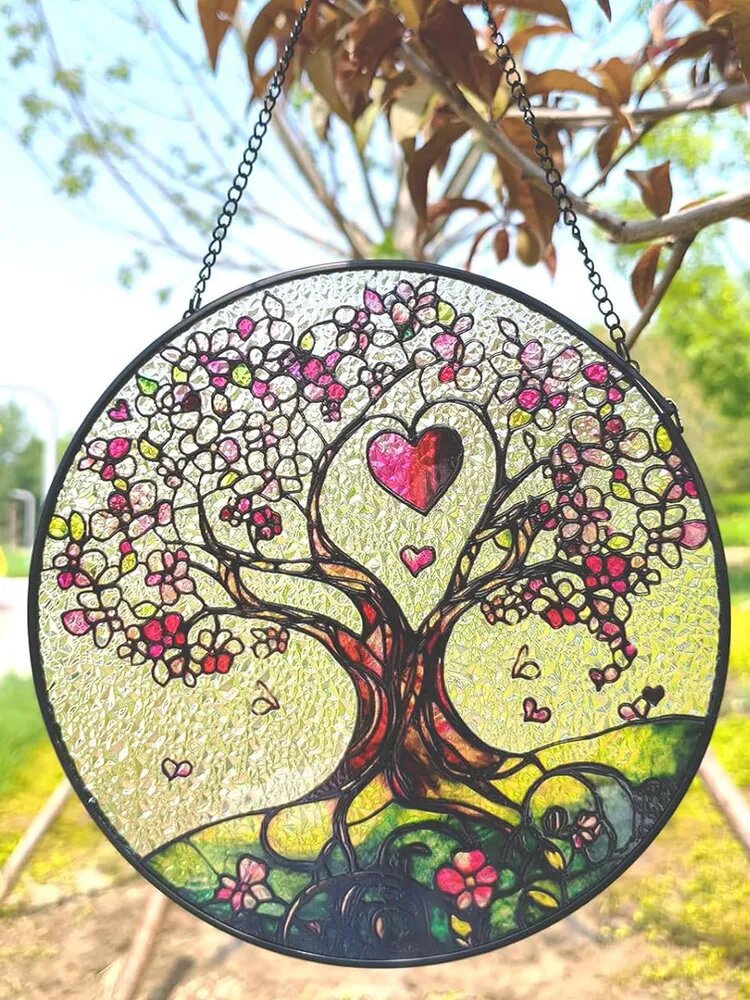 Древо жизни с сердцем витраж 20 см, стеклянная панель