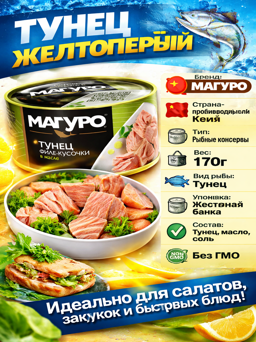 Тунец желтоперый Магуро филе-кусочки в масле, 170г