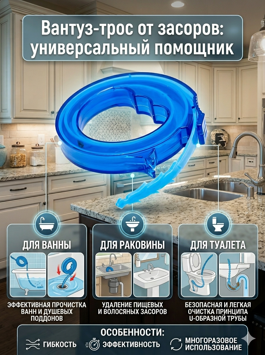 Трос для прочистки труб от засоров для прочистки канализации/Вантуз от засоров для раковины ванны унитаза