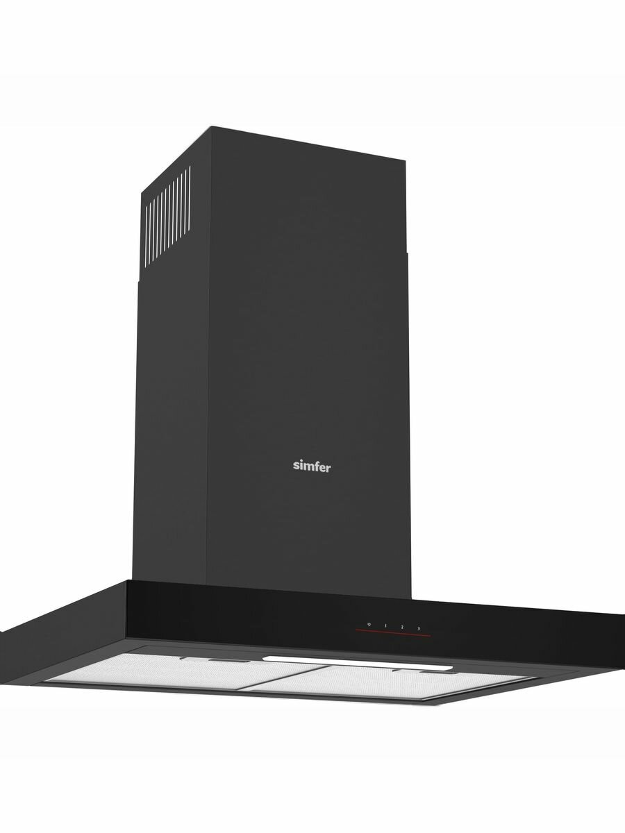 Вытяжка кухонная 60 см Simfer SM66L2, T- образная, черное стекло, 3 скорости, сенсорное управление, 1200 м3, отвод и циркуляция, угольный фильтр в комплекте, турция, 5 лет гарантии