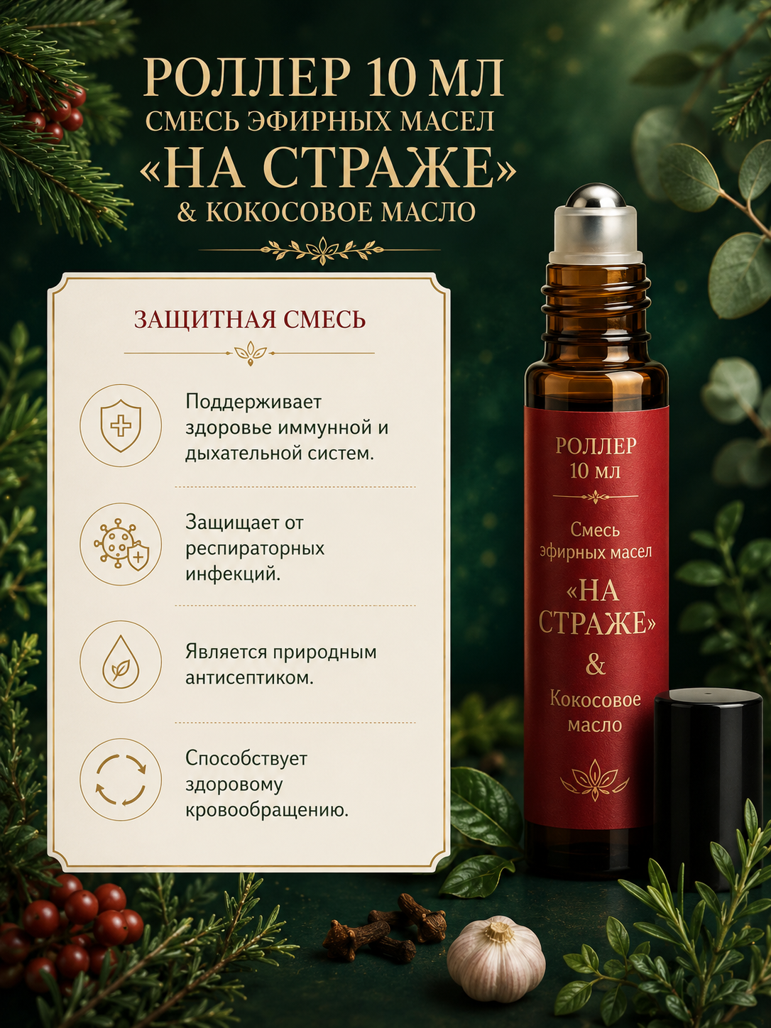 Роллер 10 мл, Смесь эфирных масел На страже, 100% натуральное эфирное масло, кокосовое масло, США