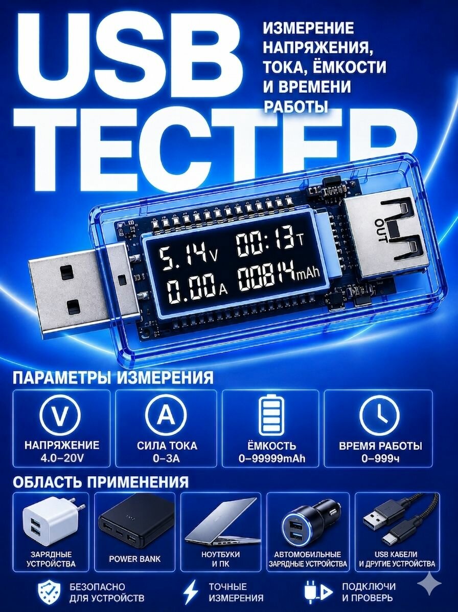 Usb тестер зарядки нагрузки емкости аккумулятора / цифровой с памятью