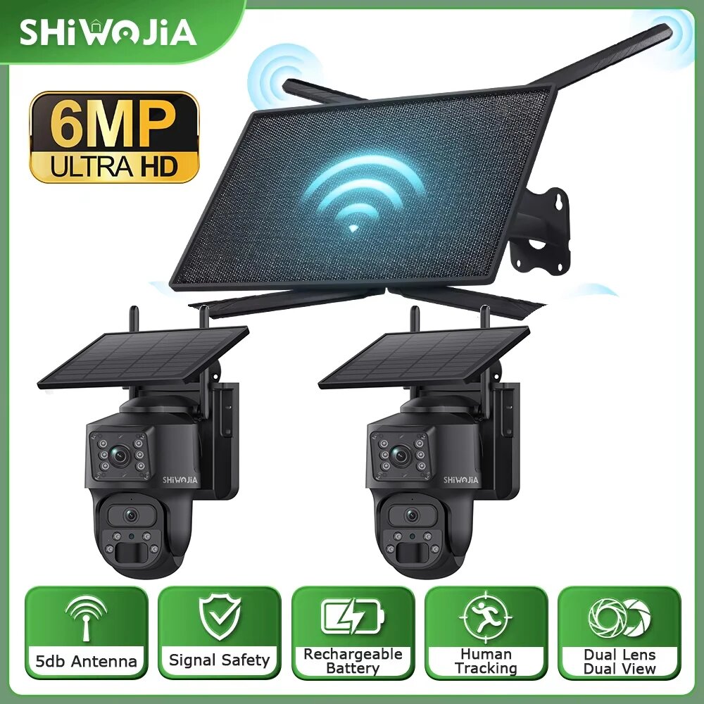 SHIWOJIA 6MP WiFi Система солнечной безопасности Камеры Домашняя беспроводная Наружная Комплект из 4 камер 10Вт 4G Солнечный роутер Двусторонняя речь Ночное зрение