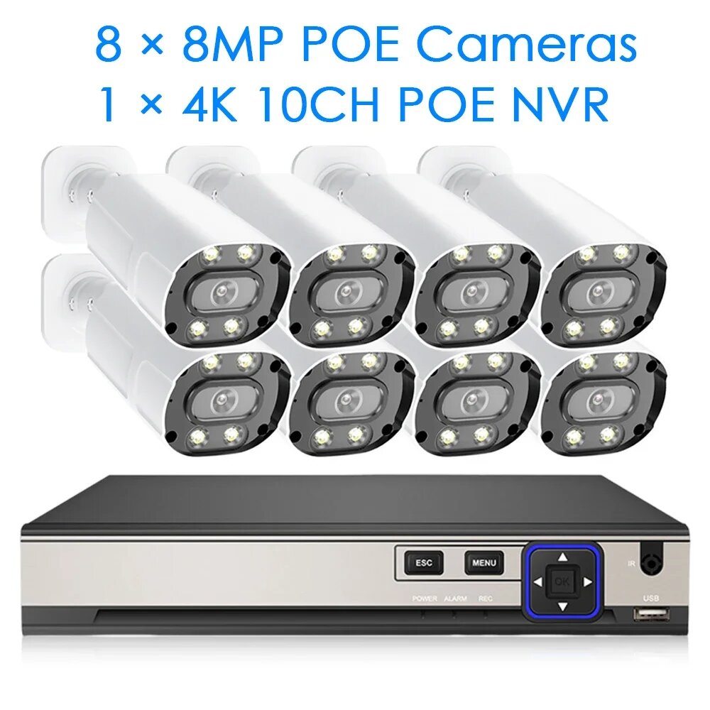 8MP POE Металлический водонепроницаемый набор NVR для безопасности 4K 8-канальный Ультра HD Цветное ночное видение CCTV IP Пуляна видеонаблюдательная камера Набор 4-канальный