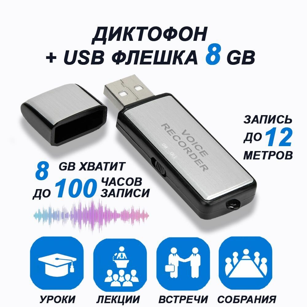 Цифровой аудио мини диктофон для записи голоса и разговоров + USB флешка 8 ГБ