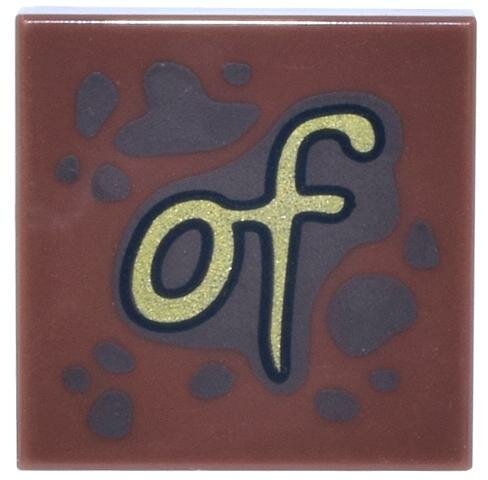 Деталь Lego 3068pb2660 Tile 2 x 2 with Dark Brown Spots and Splatters and Gold Script 'of' Pattern