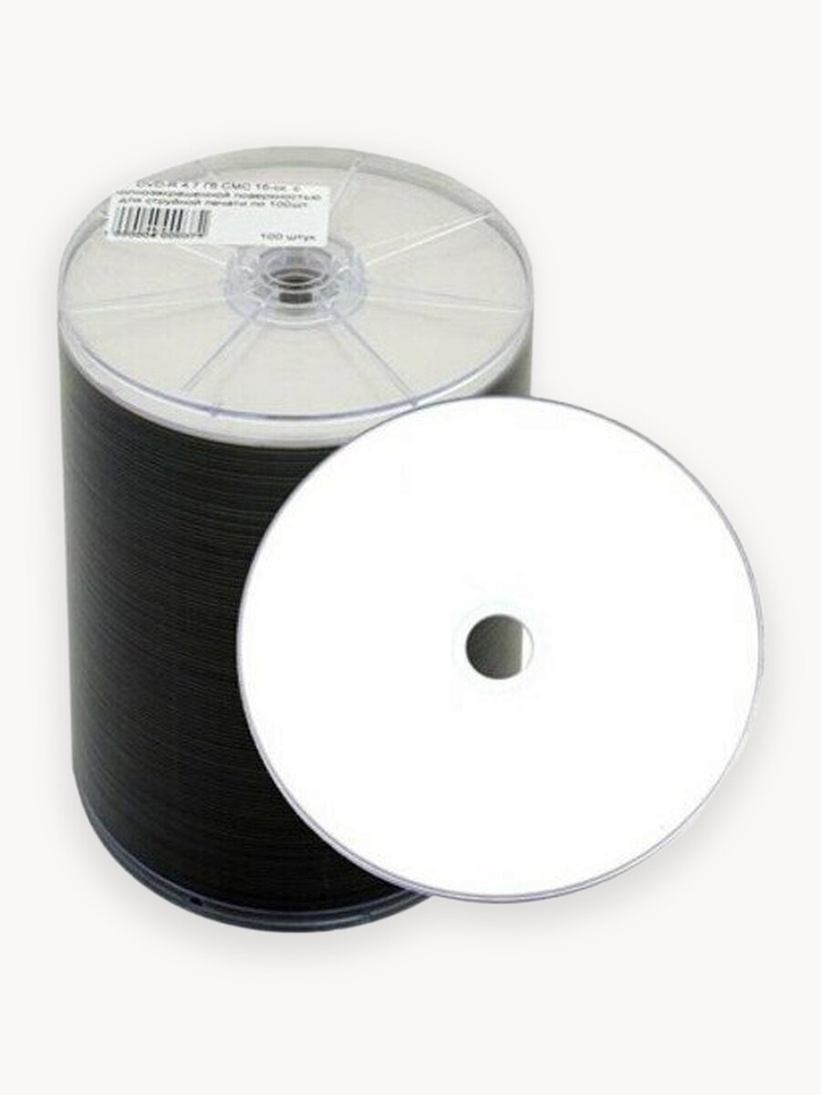 Оптический диск DVD-R 4.7 Гб CMC 16-ск. с полнозакрашенной поверхностью для струйной печати, в упаковке 50 шт.