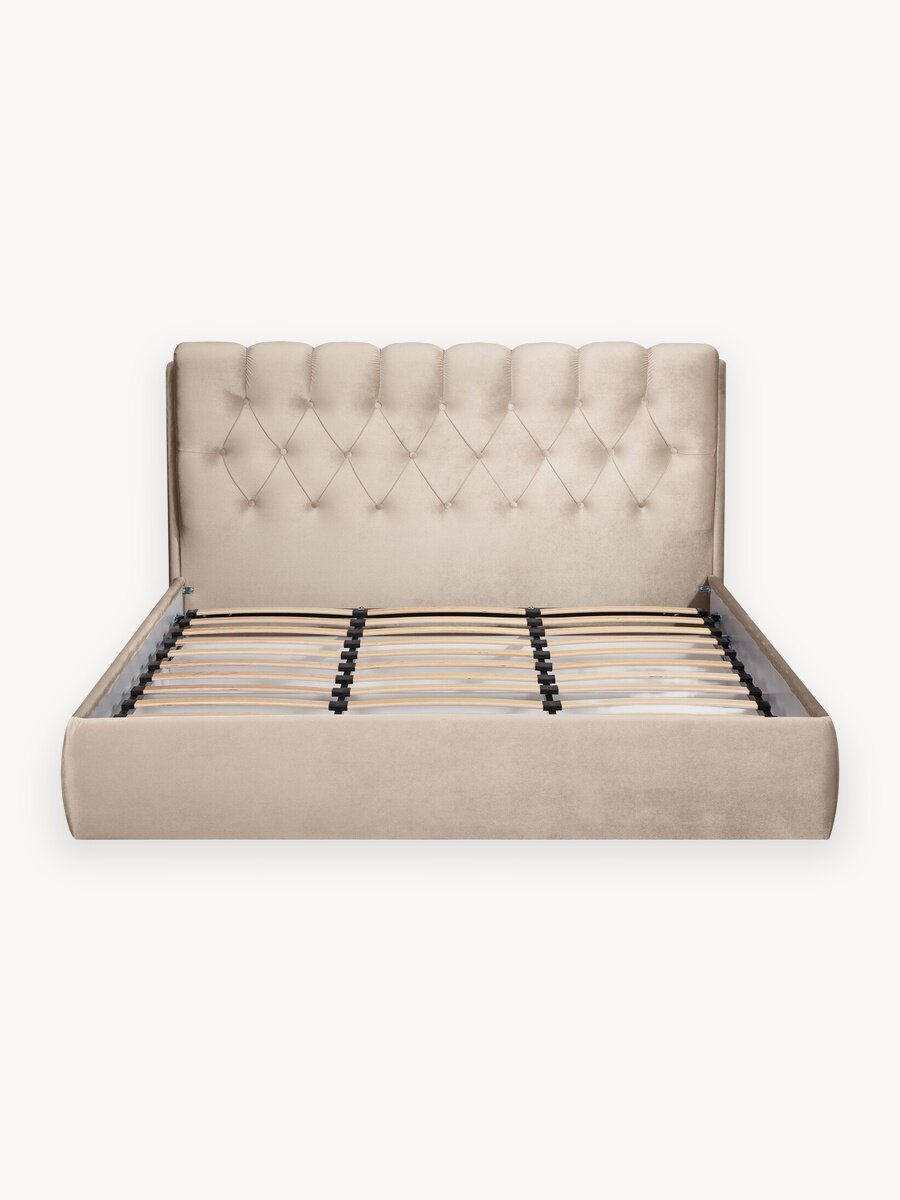 Двуспальная кровать 180х200 с подъемным механизмом Империя, с ящиками и мягким изголовьем, бархат бежевый, Ами Мебель