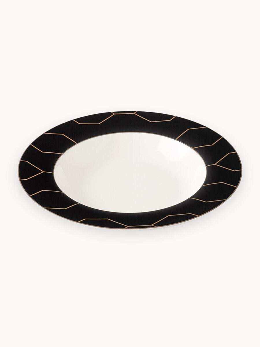 Тарелка суповая NADOBA, серия MARI ELLA, 22 см, фарфоровая, золотой/черный, СВЧ, глубокая тарелка, подарочная упаковка