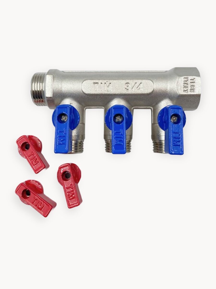 Коллектор распределительный Tim 3/4" ВН-НР, 3 выхода 1/2" под "конус", с шаровыми кранами, латунь