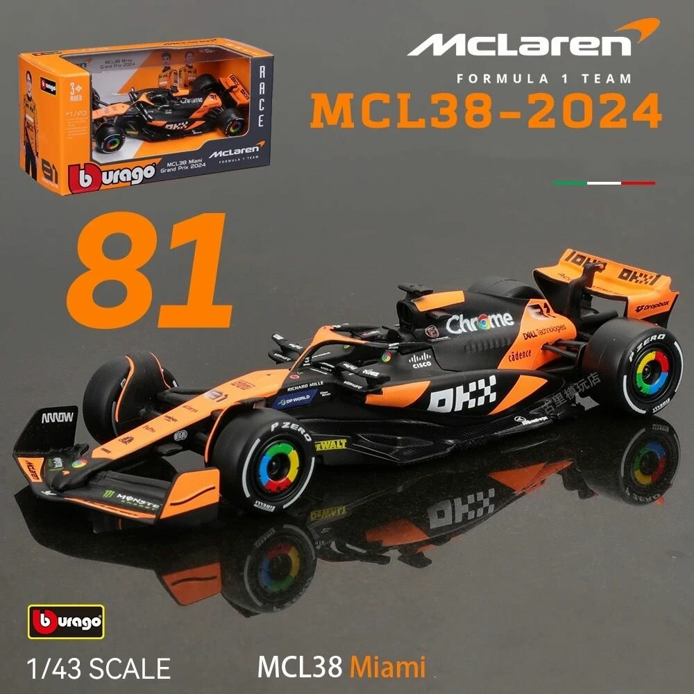 Bburago 1:43 2024 Mclaren Miami MCL38 Формульный болид Формулы-1, Литые под давлением автомобили, коллекционная модель гоночных игрушек