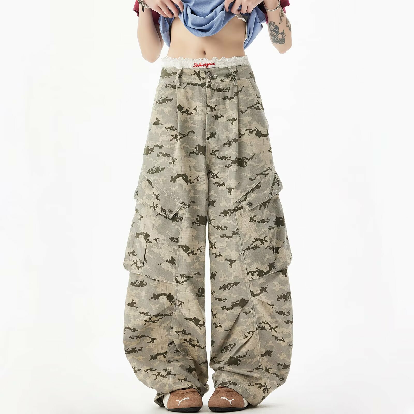 JYL Джинсы Женские Карго Винтажные Большие Карманы Стильные Деним, Размер_S