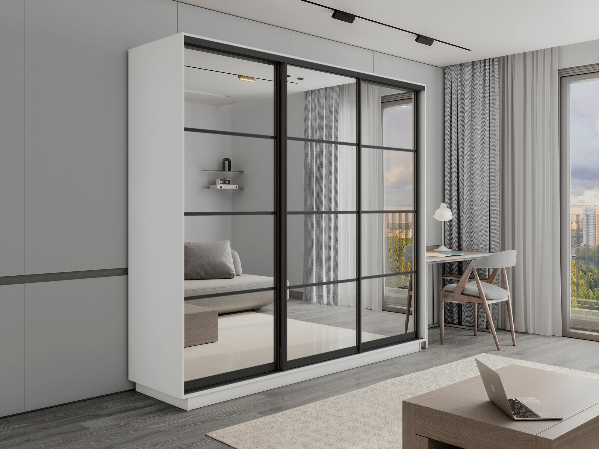 Шкаф-купе Вилли С4 3-х дверный, зеркальные двери, (черный профиль) 180х45х220 см. Белый снег