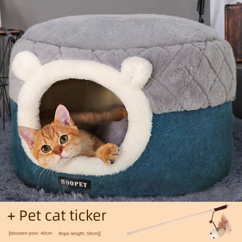 Закрытая зимняя теплая кошачья постель с игрушкой-кошачьим мячиком для кошек до 3.6 кг