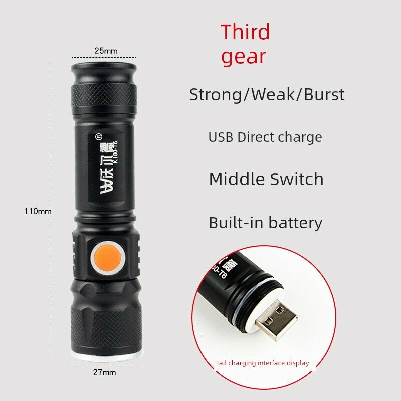 Регулируемый фонарик с USB-зарядкой и светодиодом T6, черный, 3 режима яркости, водонепроницаемый, компактный размер