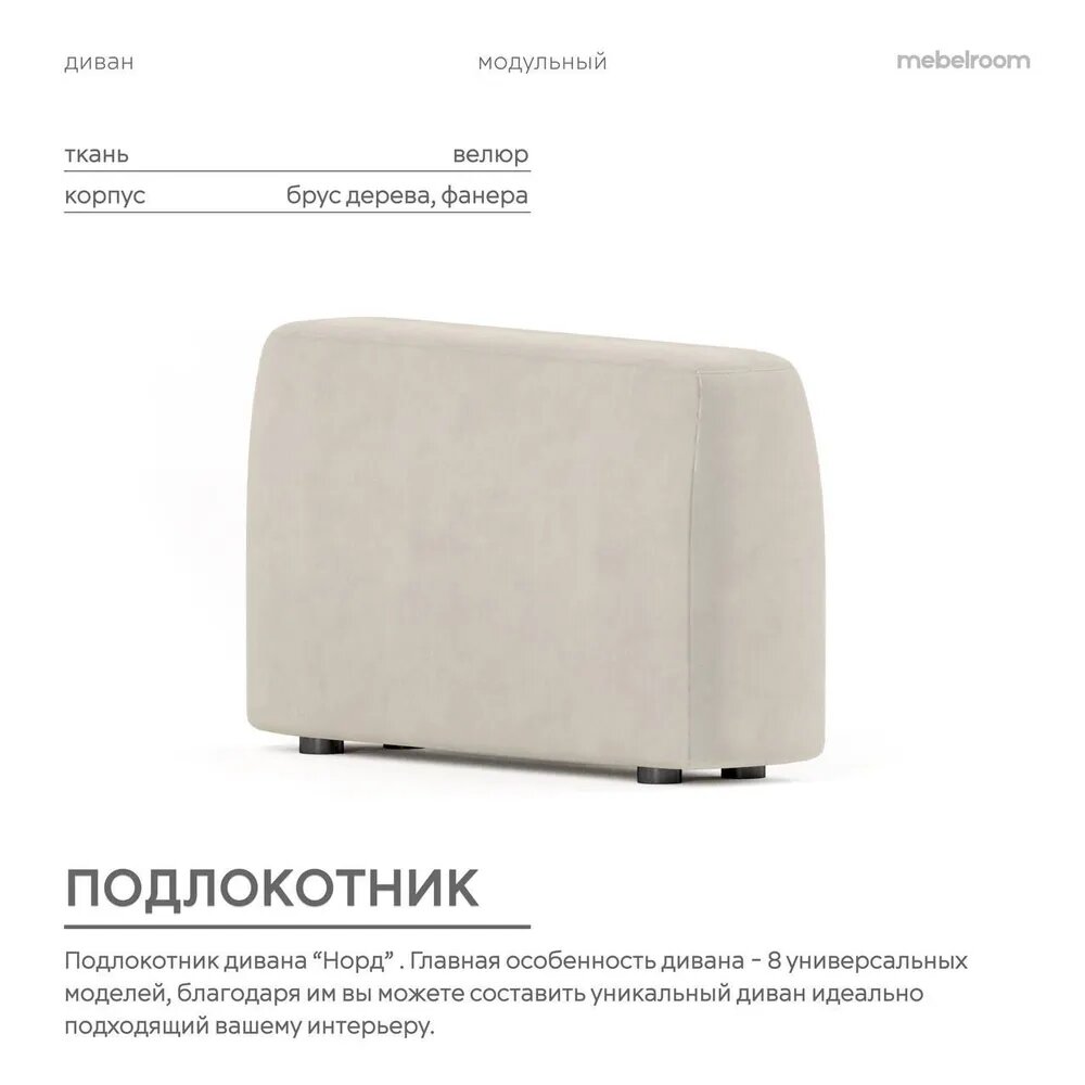 Mebelroom.shop Секция модульного дивана Норд, подлокотник, велюр Teddy 005 бежевый