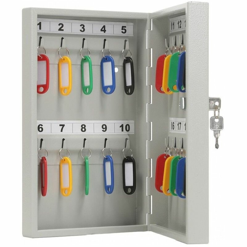 Ключница Промет "Aiko", Key-20 на 20 ключей, 300х185х59 мм, ключевой замок, металл, серый, с брелоками (S183CH011000)