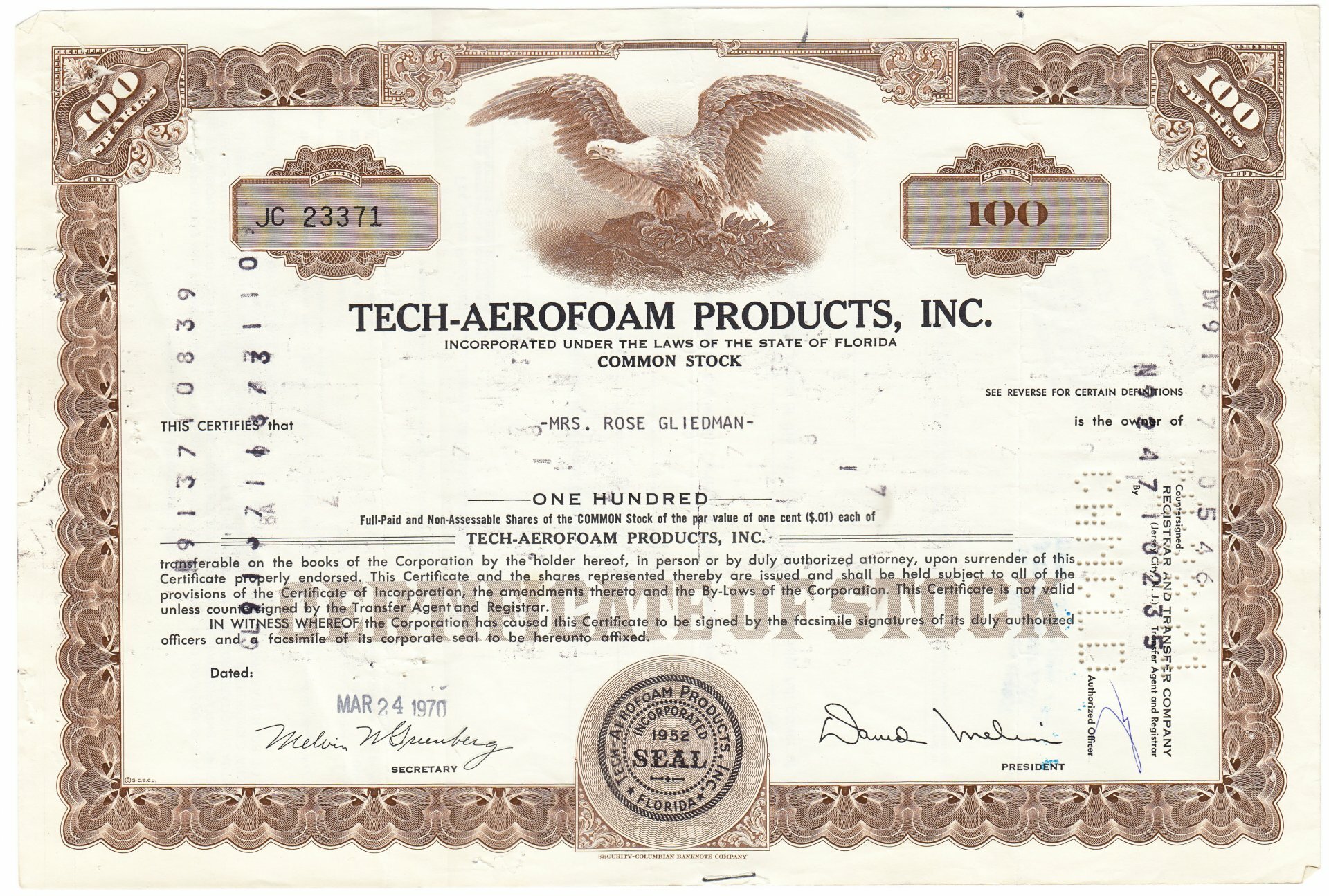 Акция США - Tech-Aerofoam Products Inc 1968 - 1971 гг
