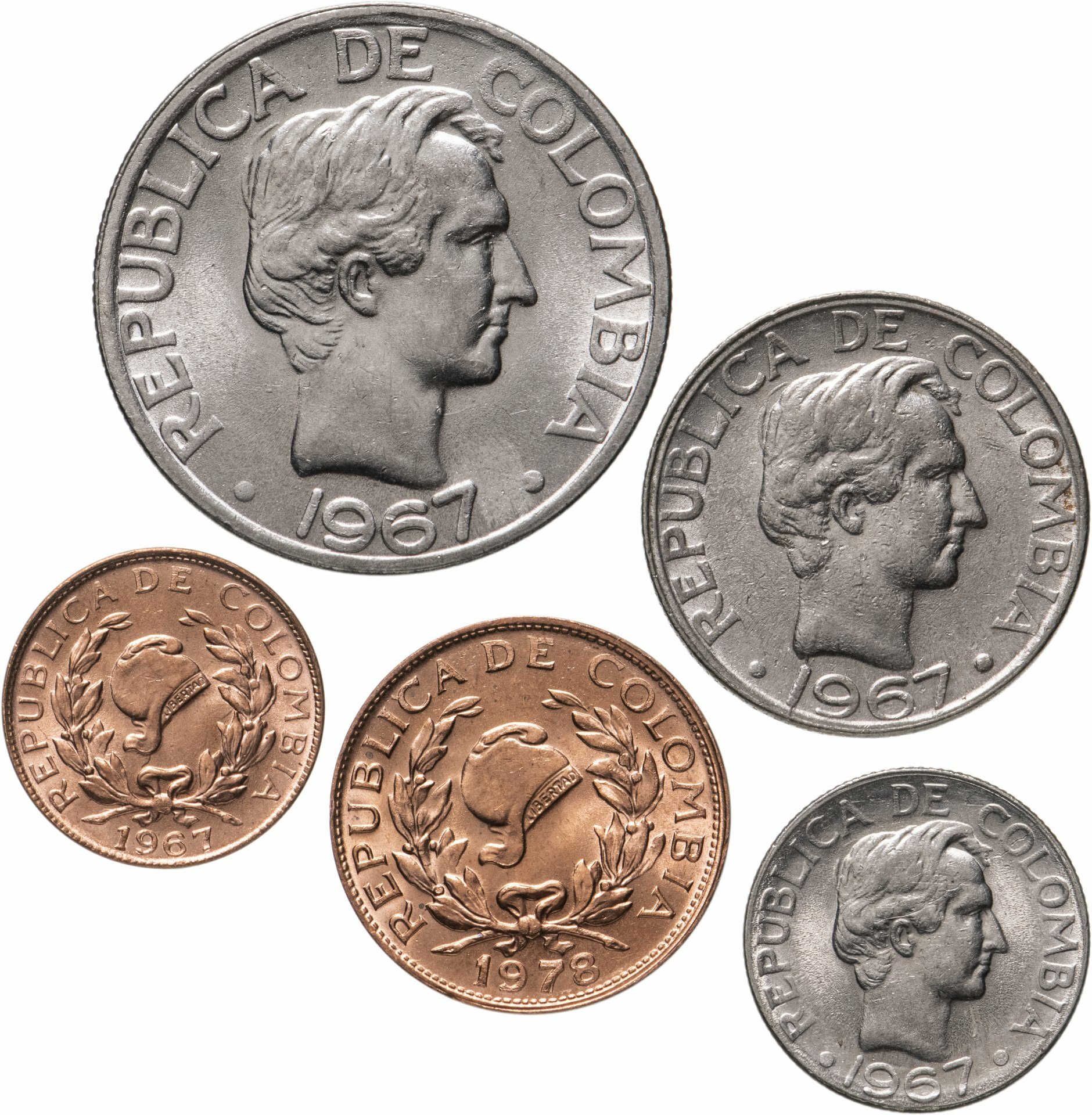 Колумбия - набор монет 1, 5, 10, 20, 50 сентаво 1967-1978, Различные сплавы, в сохранности UNC