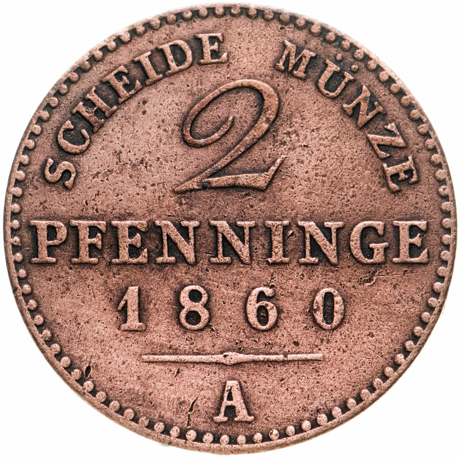 Германия, Пруссия 2 пфеннига 1860, Медь, в сохранности VF
