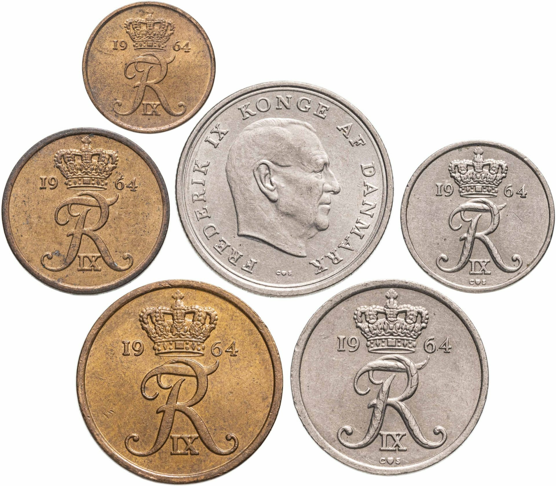 Дания набор монет 1-25 эре и 1 крона 1964 6 шт , Бронза, Мельхиор, в сохранности VF-XF