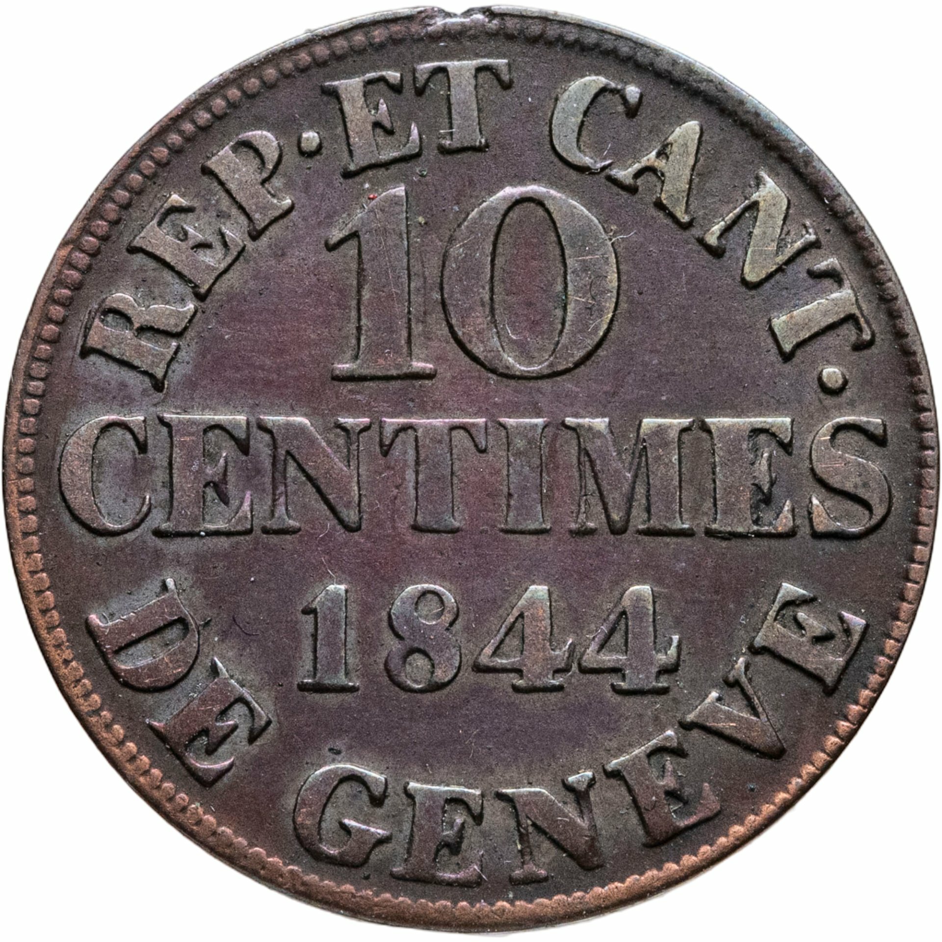 Швейцария, Женева 10 сантимов 1844, Серебро 500, в сохранности VF-XF
