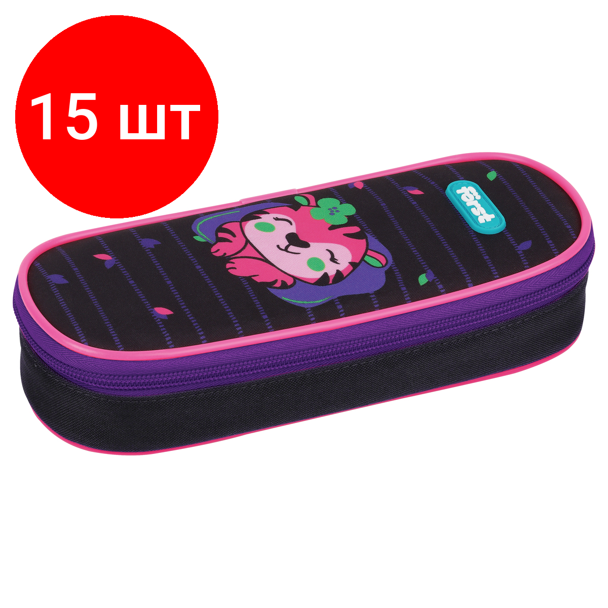 Комплект 15 шт, Пенал корпусный 1 отделение, 220*90*45 Först "Pink tiger", полиэстер