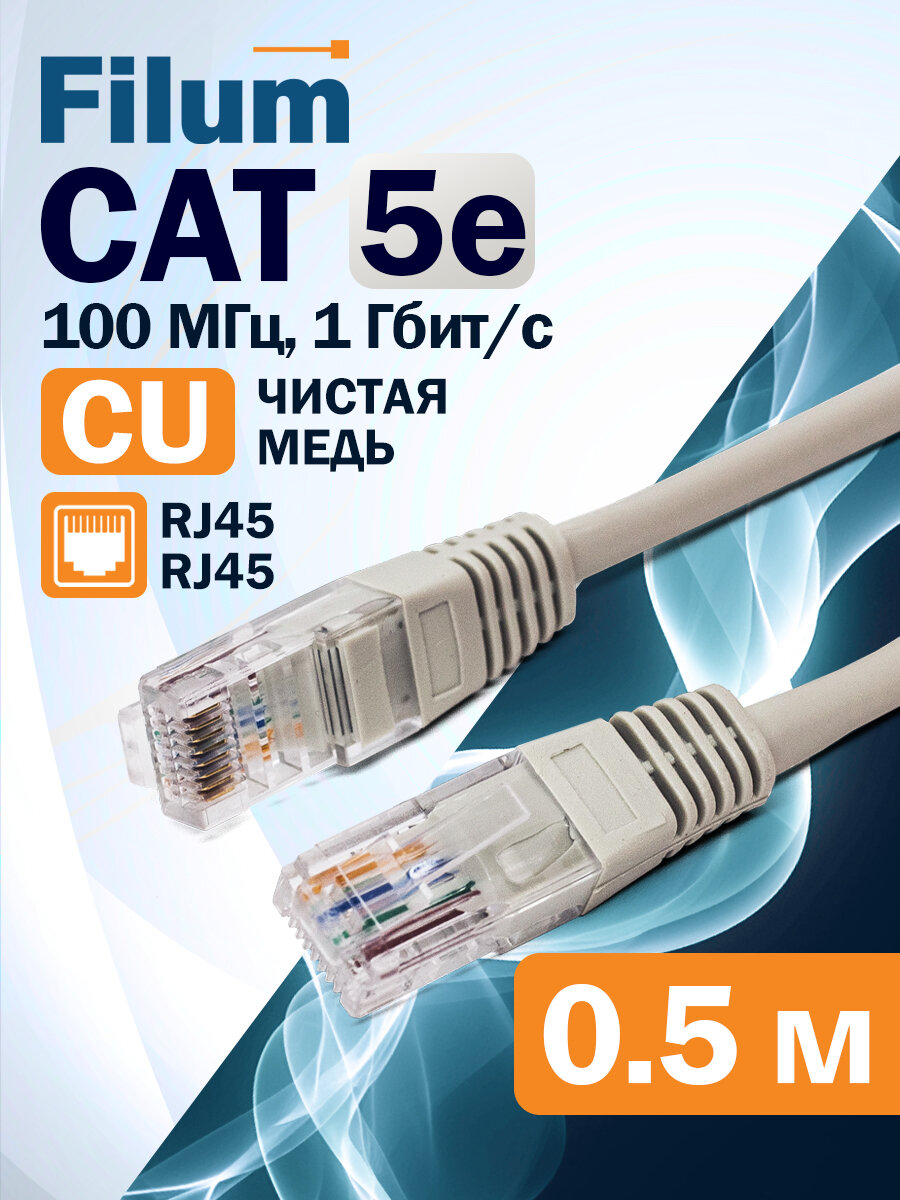 Кабель Ethernet патч-корд Filum кат. 5e 0.5м, серый, U/UTP, /FL-U5-C-0.5M/