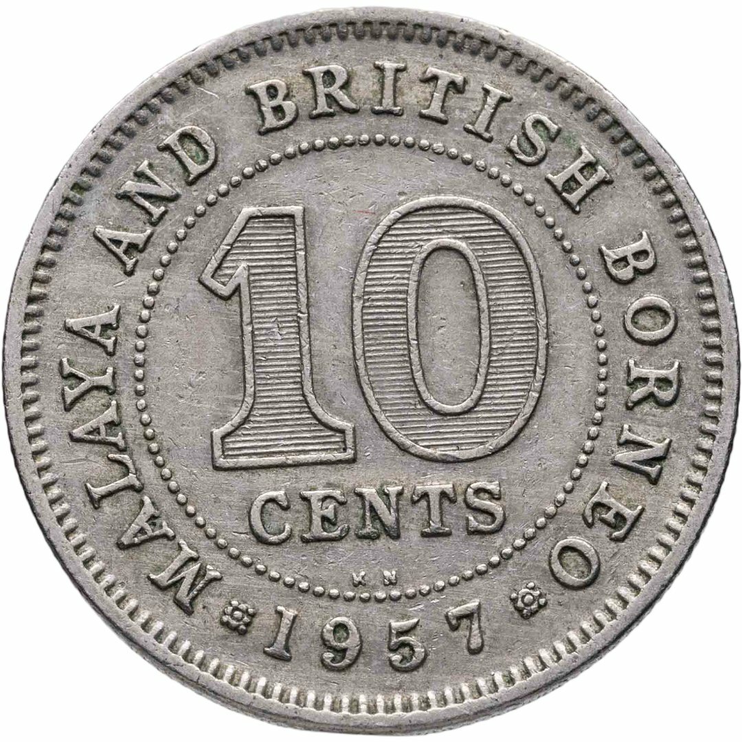 Малайя и Британское Борнео 10 центов cents 1957 KN знак монетного двора "KN" - Кингз Нортон, Бирмингем, Мельхиор медь-никель, в сохранности VF
