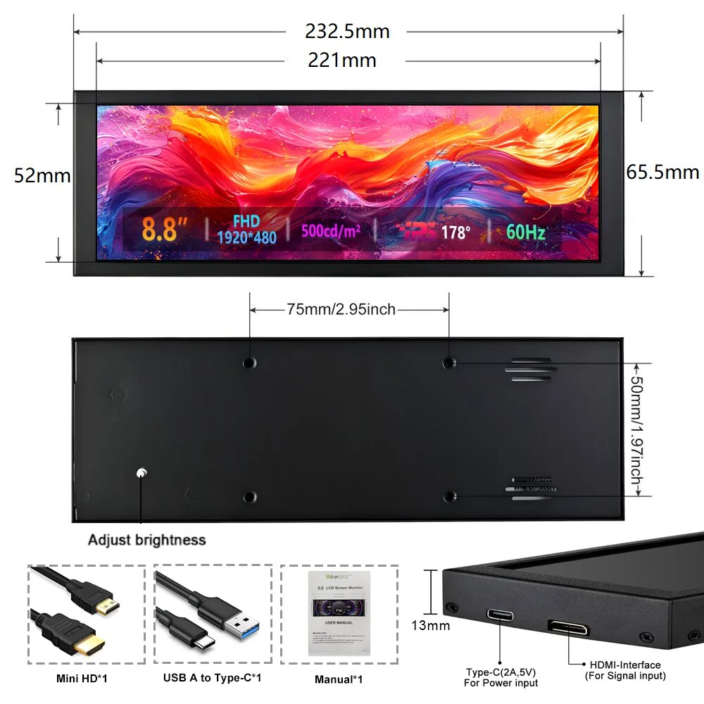 Wisecoco 8,8-дюймовый длинный широкий монитор FHD с корпусом 1920*480 ПК Дисплей температуры ПК Сенсорная панель Дисплей Маленький монитор-удлинитель