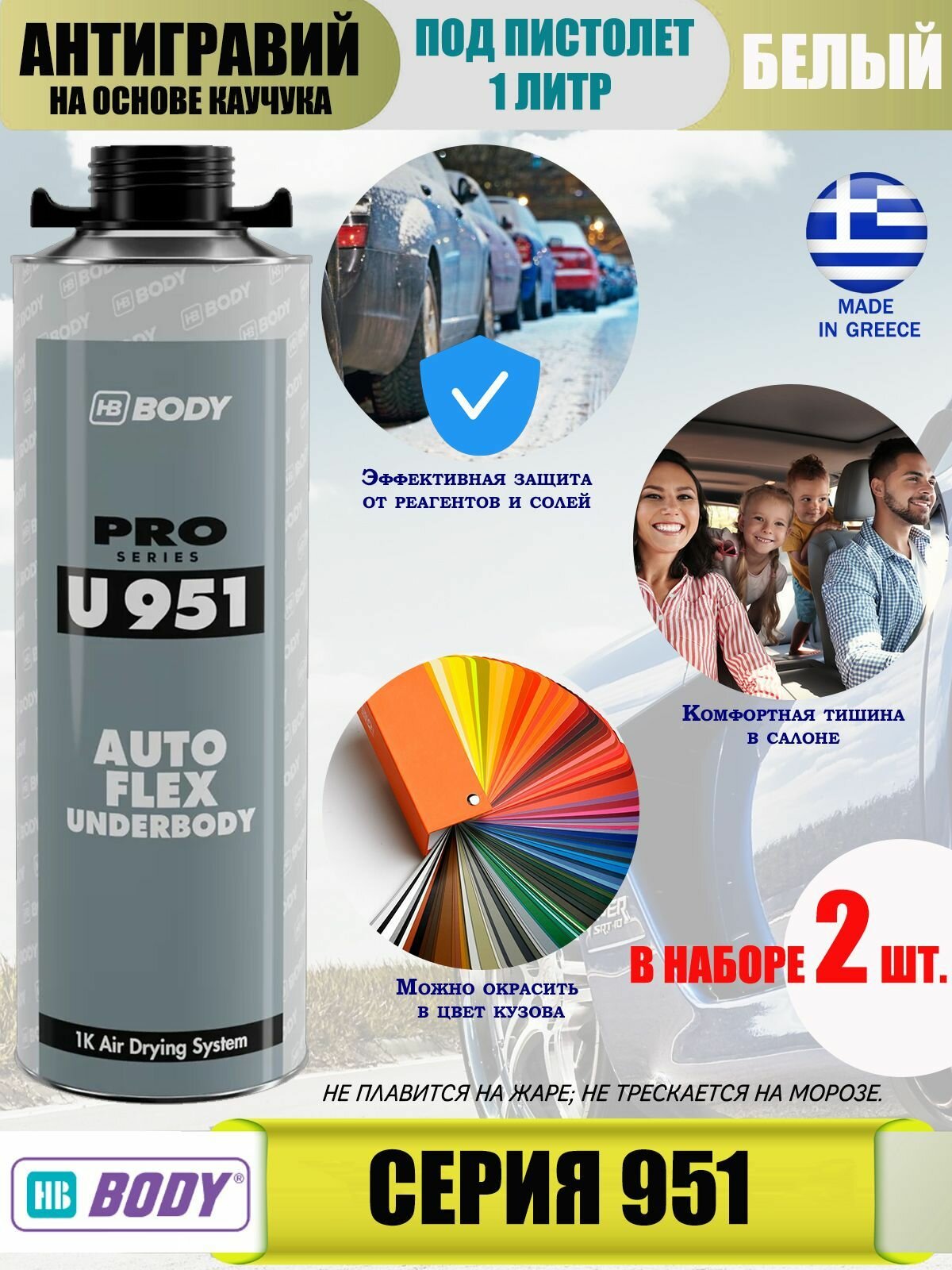Антигравий HB Body "951 Autoflex", шумопоглощающий, эластичный, белый, евробаллон, под пистолет, 1 л, 2 шт