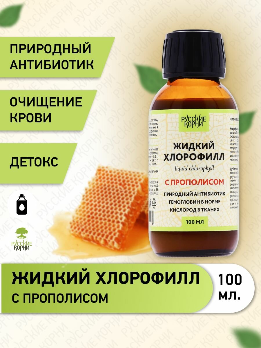 Хлорофилл Жидкий с Прополисом для Сердца и Сосудов, 100 мл - "Русские Корни" / Антиоксиданты
