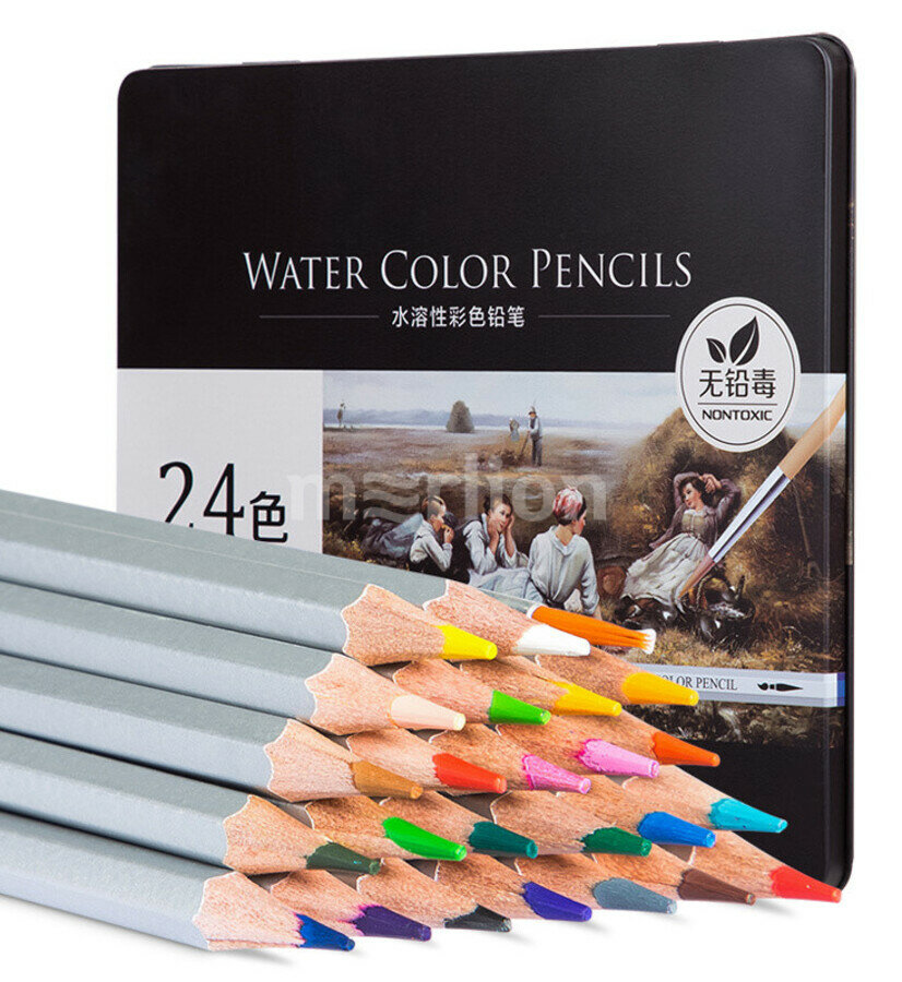 Карандаши цветные 24цв 6-гран. дерево сереб Nuevo металл. пенал DELI 6521 шт