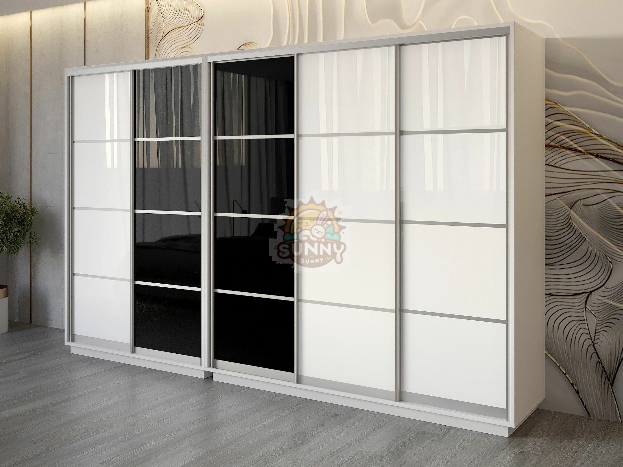 Шкаф-купе Флорида 5дв. (2+3) Стекло белое 3/Стекло черное 2, профиль серебро, 300х60х220 см. Белый снег