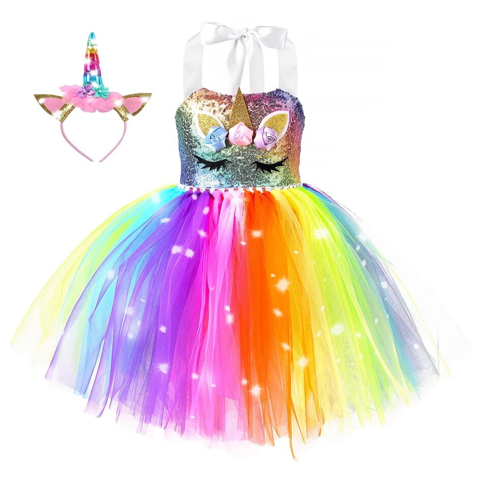 Платье принцессы с единорогом для девочек, блестящая детская мультяшная одежда со светодиодными светящимися крыльями, повязка на голову, костюм для сцены, Хэллоуина