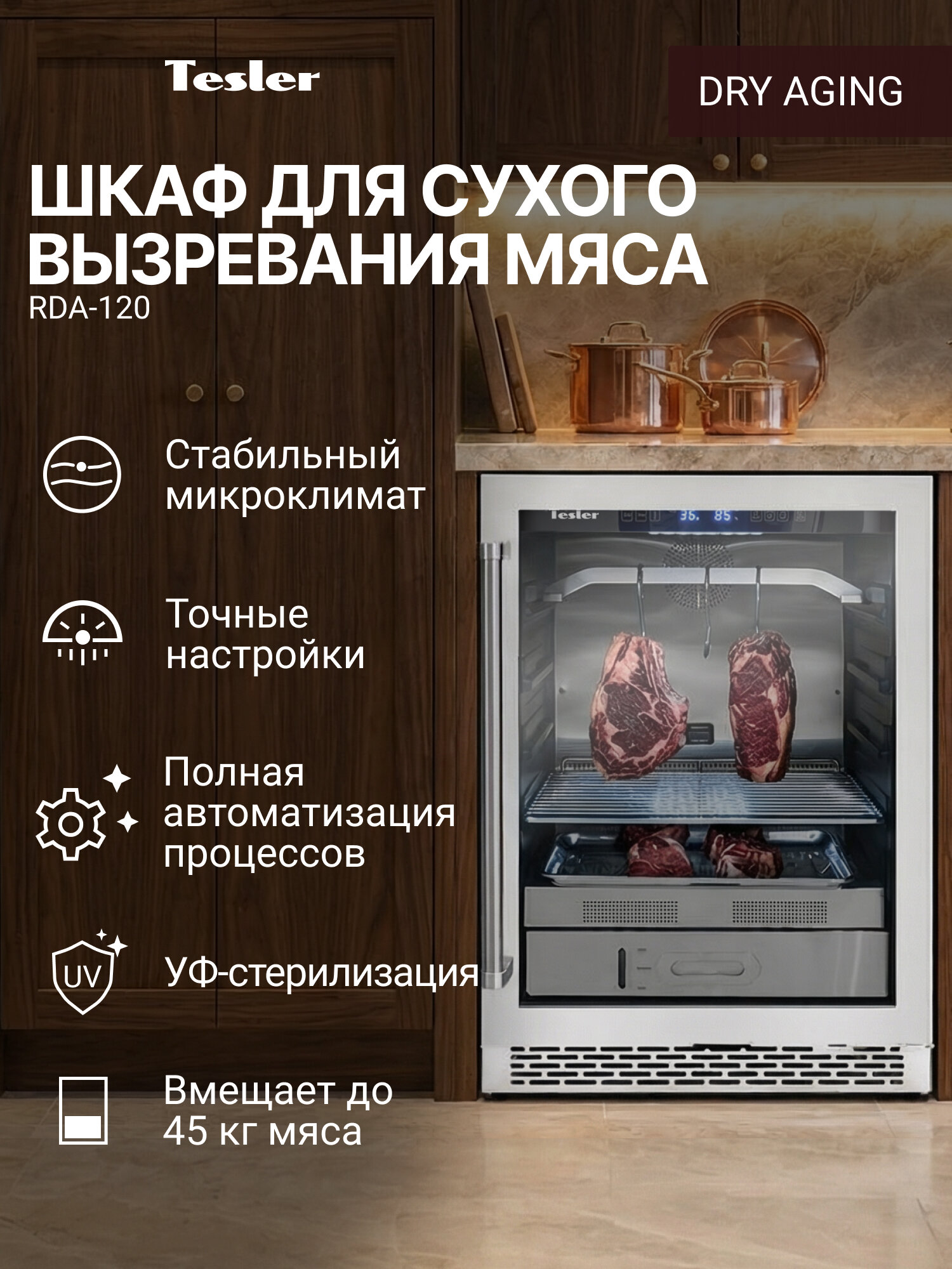 Шкаф для вызревания TESLER RDA-120, реверсивная дверца, с возможностью встраивания, с угольным фильтром