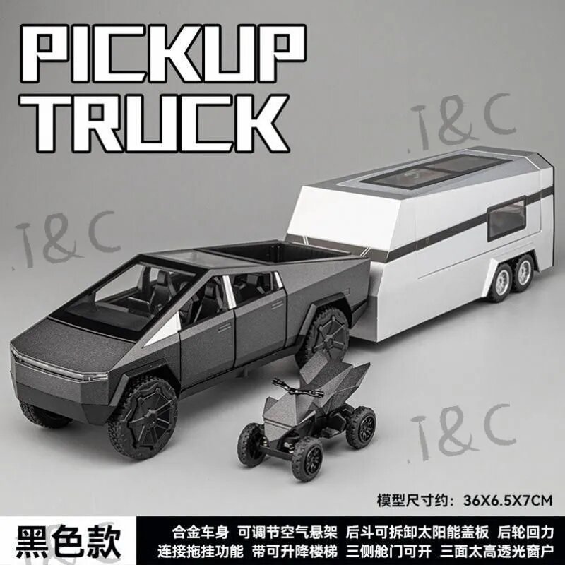 Tesla Cybertruck Металлическая модель, + + - Tesla Cybertruck Металлическая модель, Тесла пикап + прицеп-дача + внедорожный мотоцикл - черный