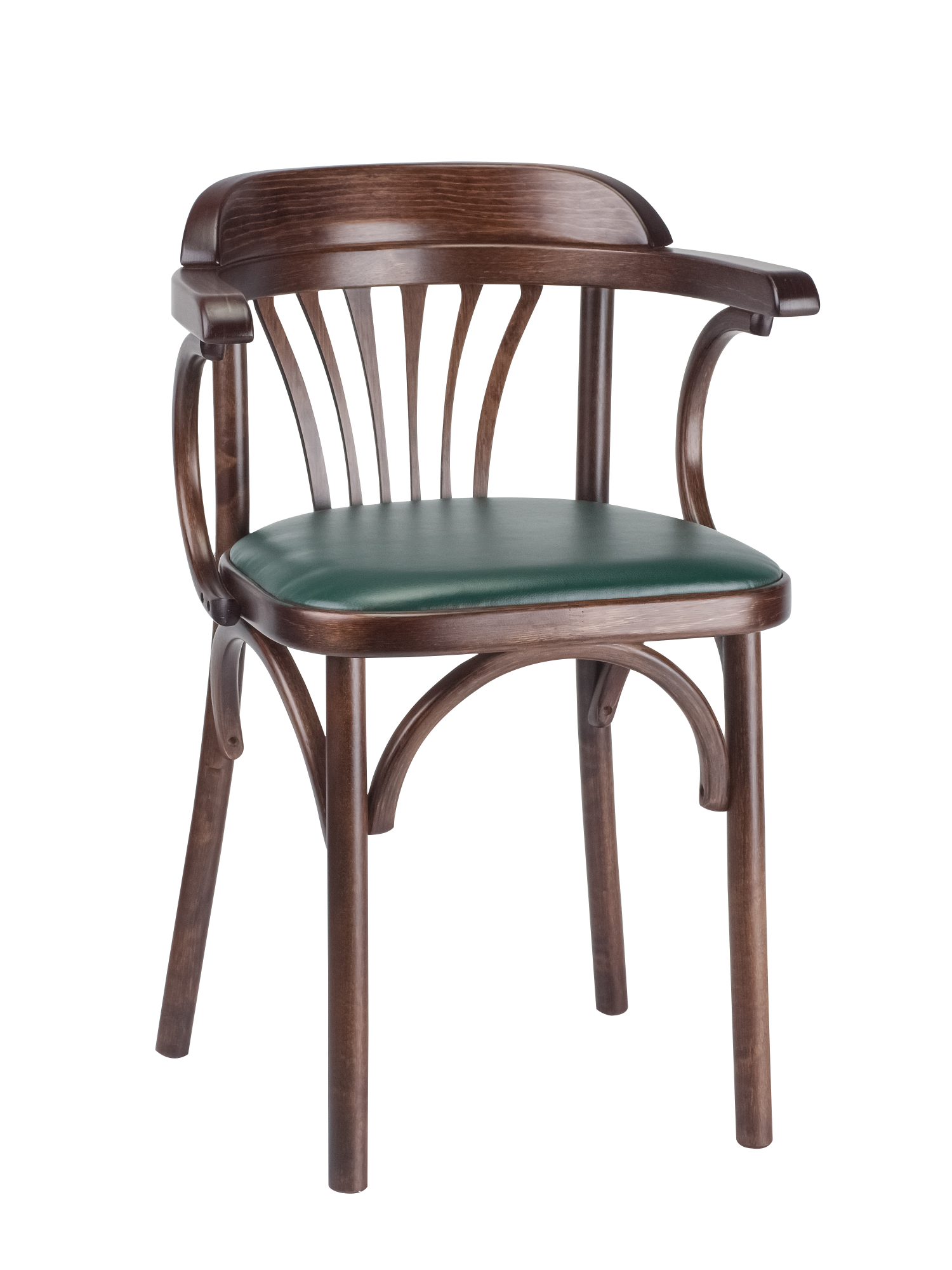 Деревянный стул Венский темный тон с мягким сиденьем из зеленой экокожи с дугами назад