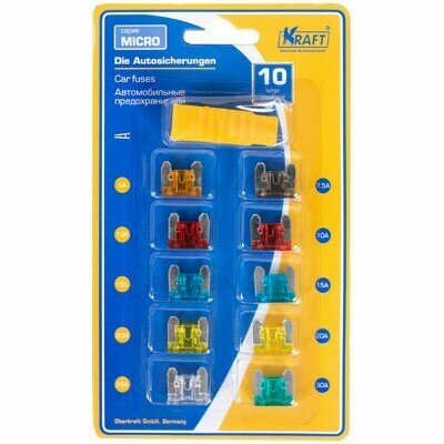 Набор предохранителей KRAFT KT 870020 7, 5a, 10a, 15a, 20a, 30a по 2 шт, серия Micro с пинцетом, 10 шт