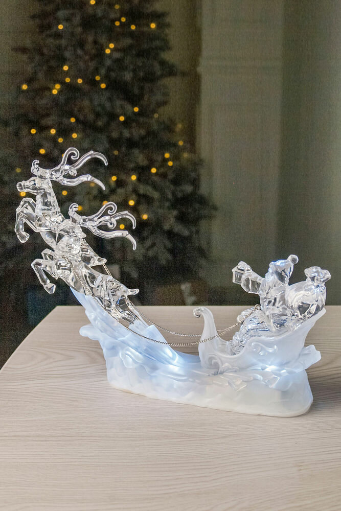 Декоративная фигура упряжка деда мороза во льдах, акрил, холодный белый LED-огонь, 24х17.5 см, батарейки, Сигро.