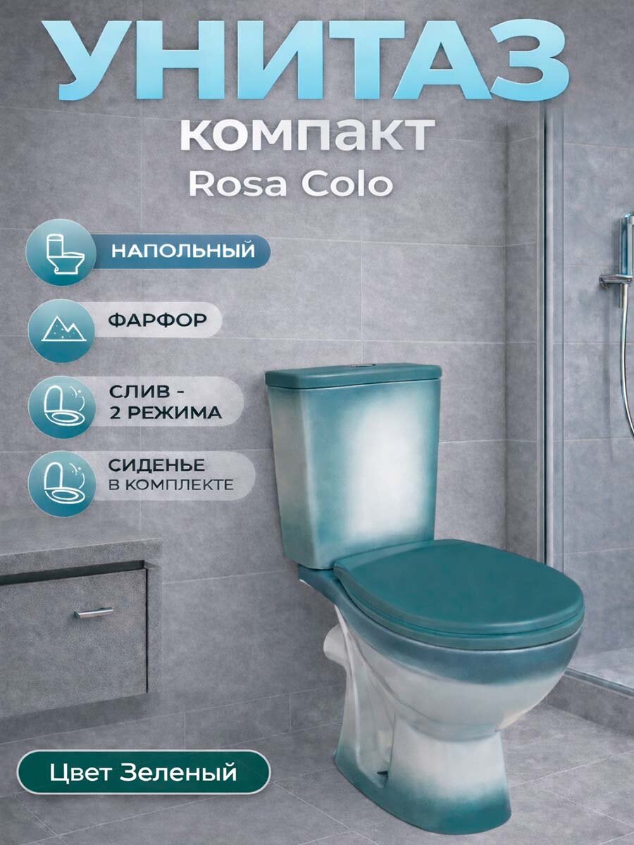 Rosa Унитаз-компакт напольный Соло, антивсплеск, горизонтальный выпуск, фарфор, зеленый декор