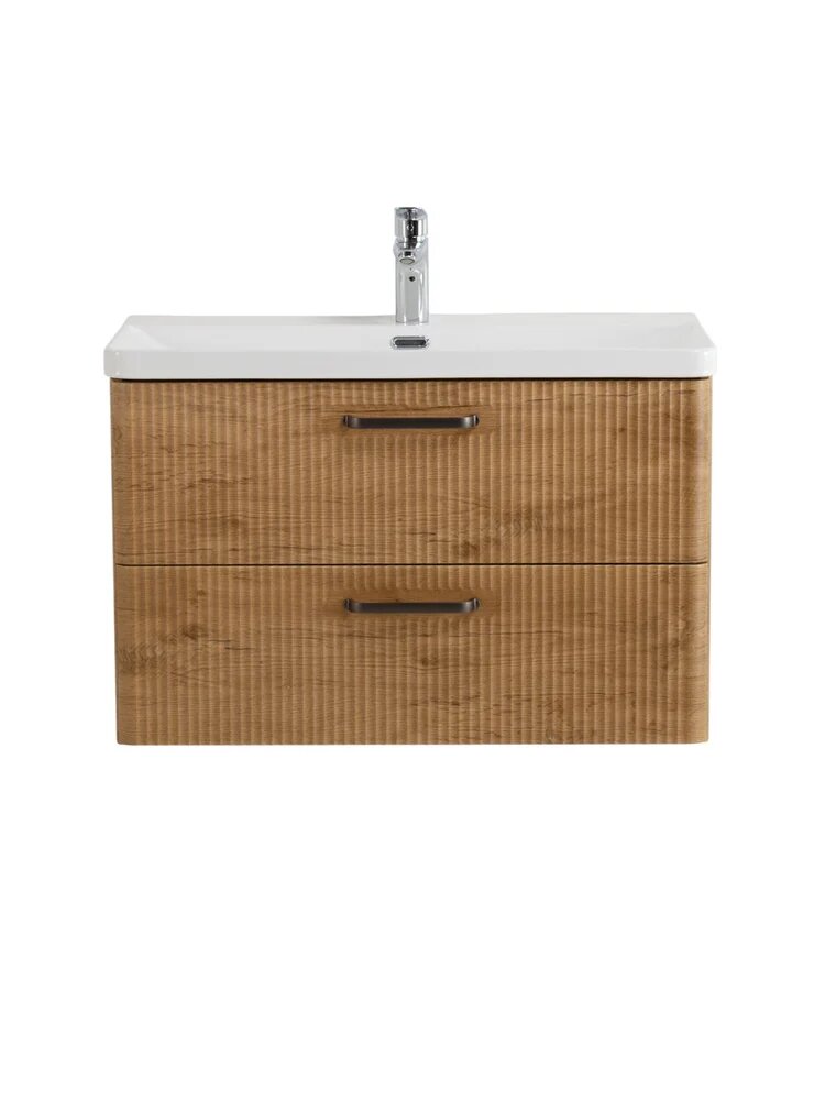 Тумба с раковиной BelBagno Due 80 подвесная, 81 см, светлое дерево, матовая, из МДФ, с ящиками, раковина для ванной, фаянсовая, прямоугольная