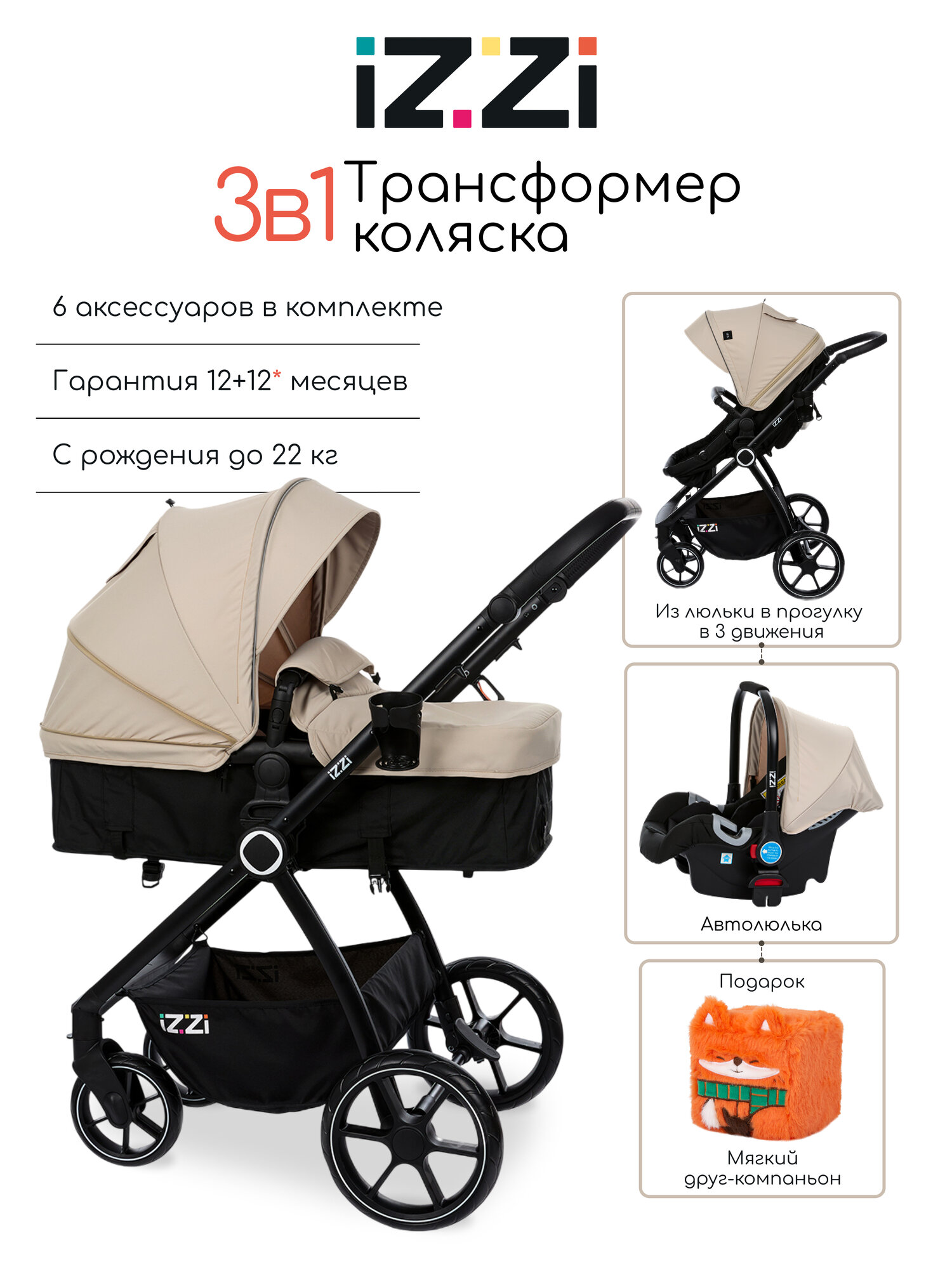 Коляска-трансформер 3в1 для новорожденных iZZi с реверсивным блоком