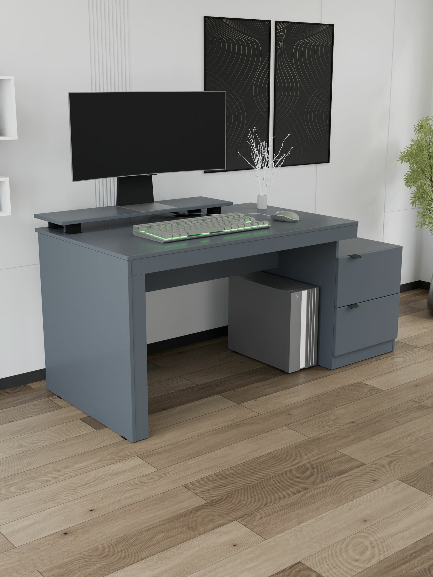 Изумлит Стол компьютерный для офиса и дома Вертикаль Компакт Лайт 165х73х74.5 см, тумба справа, графит