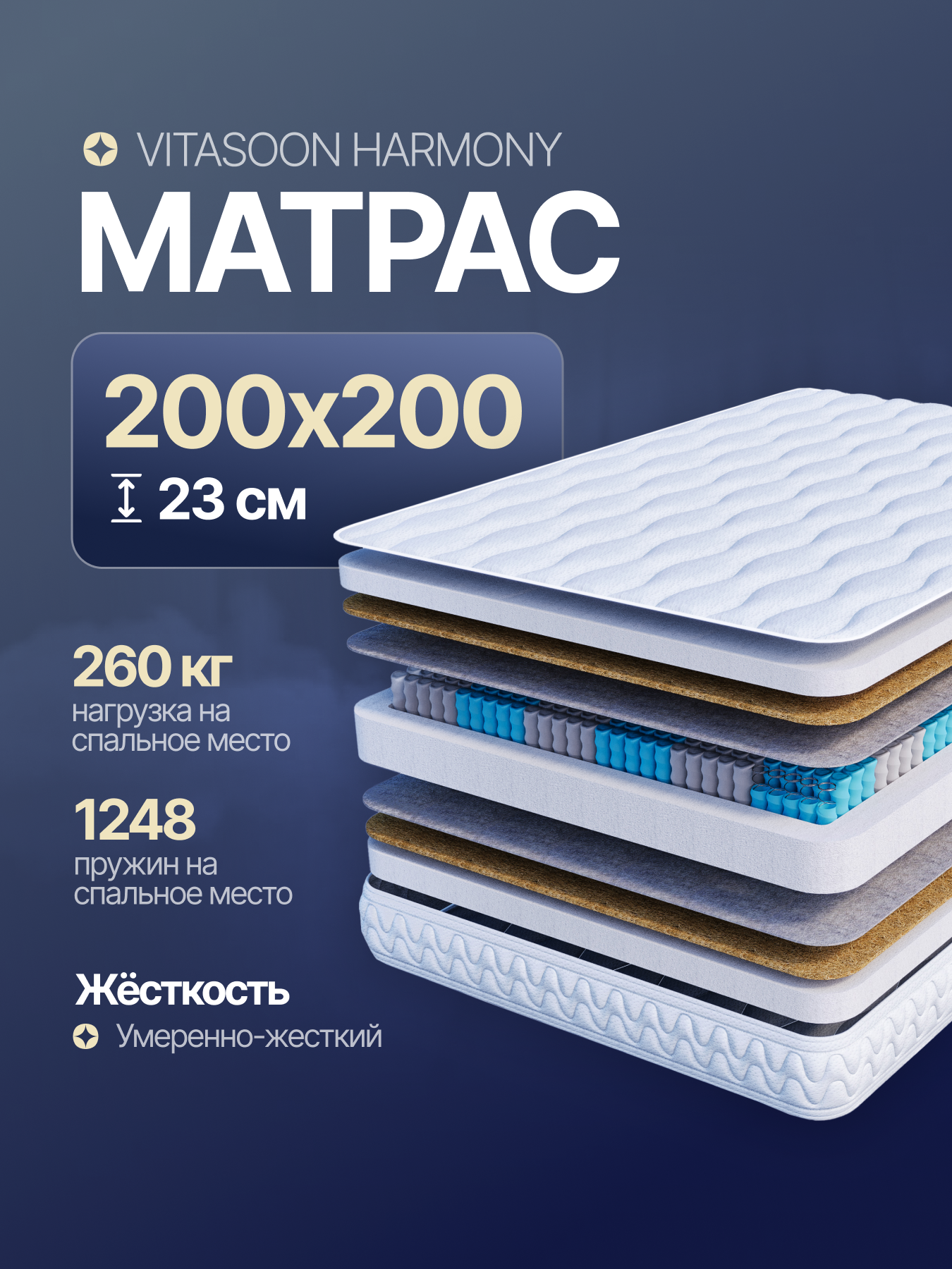 Матрас 200х200 ортопедический пружинный высота 23 см Vitasoon Harmony двуспальный